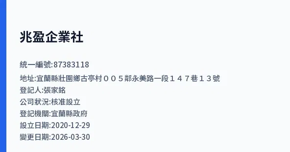 兆盈企業社的照片-統編 87383118(宜蘭縣) 公司登記資料與營業項目詳細圖表
