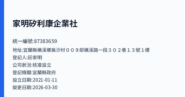 家明矽利康企業社的照片-統編 87383659(宜蘭縣) 公司登記資料與營業項目詳細圖表