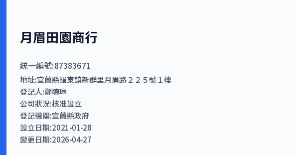 月眉田園商行的照片-統編 87383671(宜蘭縣) 公司登記資料與營業項目詳細圖表