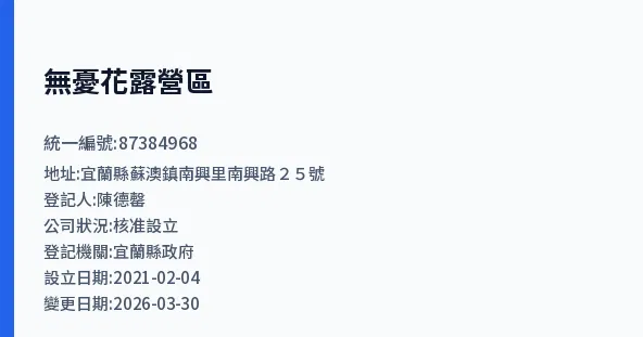 無憂花露營區的照片-統編 87384968(宜蘭縣) 公司登記資料與營業項目詳細圖表