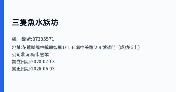 三隻魚水族坊的照片-統編 87385571(花蓮縣) 公司登記資料與營業項目詳細圖表