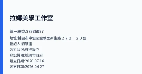 拉娜美學工作室的照片-統編 87386987(桃園市) 公司登記資料與營業項目詳細圖表