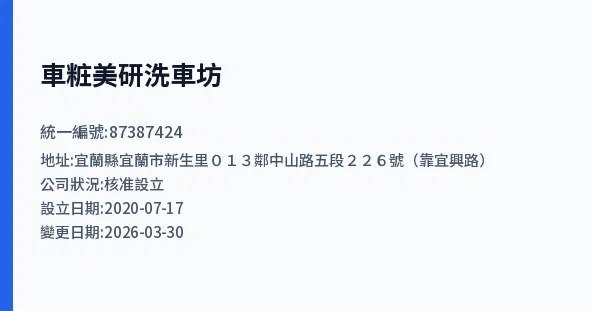 車粧美研洗車坊的照片-統編 87387424(宜蘭縣) 公司登記資料與營業項目詳細圖表