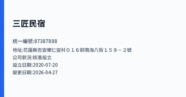 三匠民宿的照片-統編 87387888(花蓮縣) 公司登記資料與營業項目詳細圖表