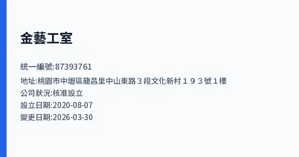金藝工室的照片-統編 87393761(桃園市) 公司登記資料與營業項目詳細圖表