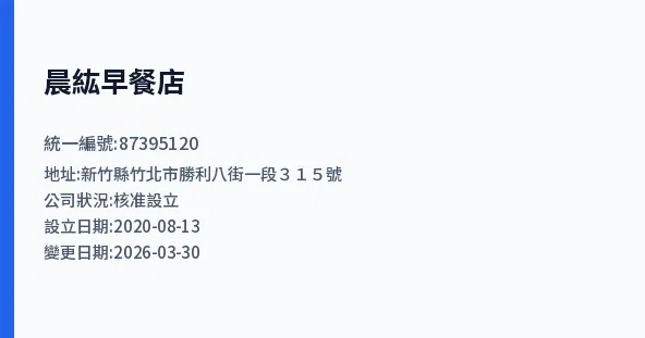 晨紘早餐店的照片-統編 87395120(新竹縣) 公司登記資料與營業項目詳細圖表