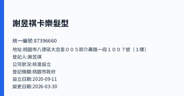 謝昱祺卡樂髮型的照片-統編 87396660(桃園市) 公司登記資料與營業項目詳細圖表