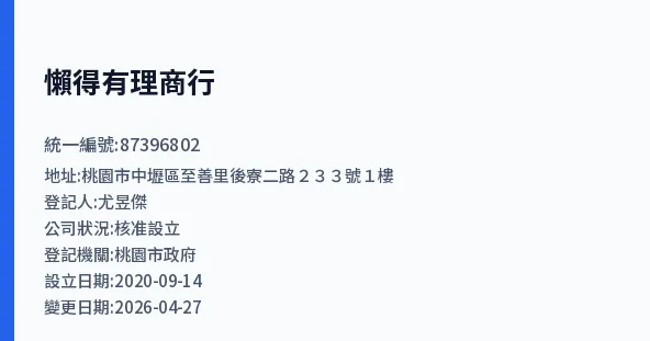懶得有理商行的照片-統編 87396802(桃園市) 公司登記資料與營業項目詳細圖表