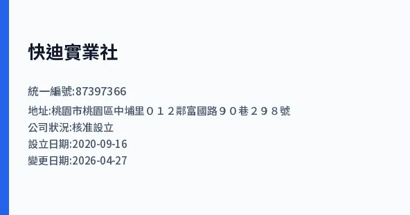 快迪實業社的照片-統編 87397366(桃園市) 公司登記資料與營業項目詳細圖表