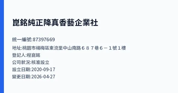 崑銘純正降真香藝企業社的照片-統編 87397669(桃園市) 公司登記資料與營業項目詳細圖表