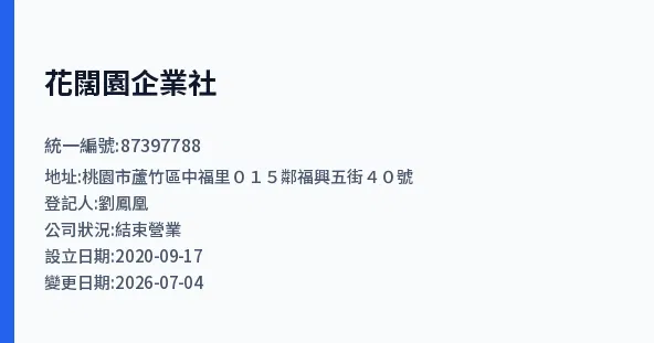 花闊園企業社的照片-統編 87397788(桃園市) 公司登記資料與營業項目詳細圖表