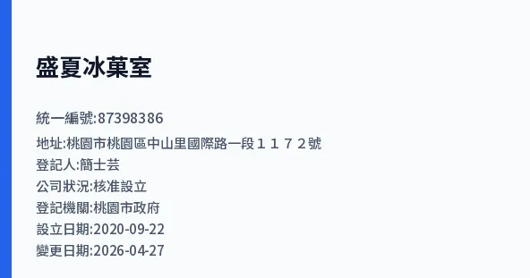 盛夏冰菓室的照片-統編 87398386(桃園市) 公司登記資料與營業項目詳細圖表