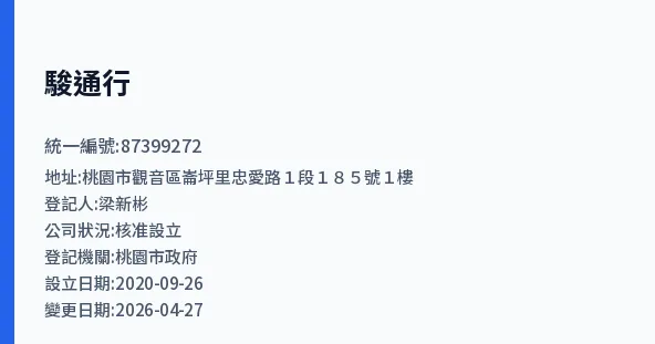 駿通行的照片-統編 87399272(桃園市) 公司登記資料與營業項目詳細圖表