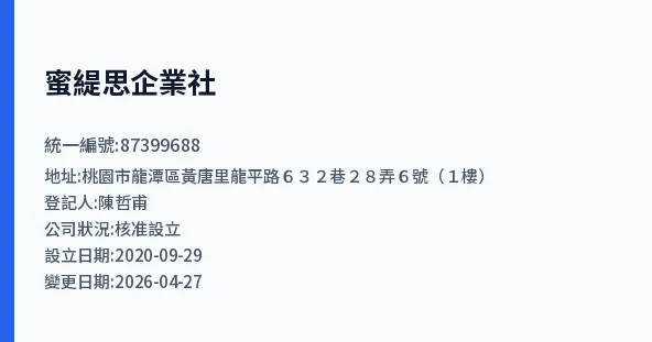 蜜緹思企業社的照片-統編 87399688(桃園市) 公司登記資料與營業項目詳細圖表