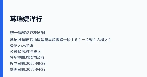 葛瑞婕洋行的照片-統編 87399694(桃園市) 公司登記資料與營業項目詳細圖表