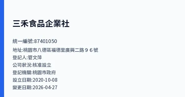 三禾食品企業社的照片-統編 87401050(桃園市) 公司登記資料與營業項目詳細圖表