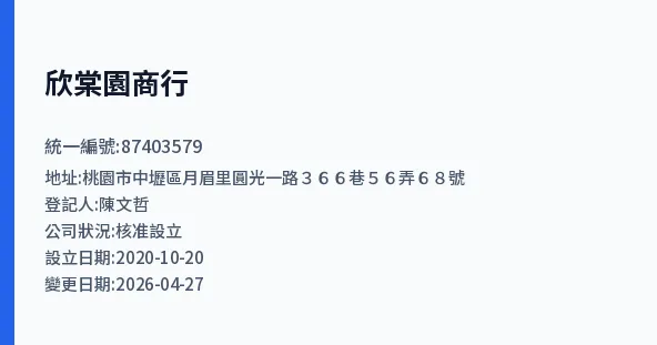 欣棠園商行的照片-統編 87403579(桃園市) 公司登記資料與營業項目詳細圖表