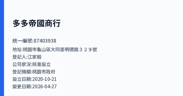 多多帝國商行的照片-統編 87403938(桃園市) 公司登記資料與營業項目詳細圖表