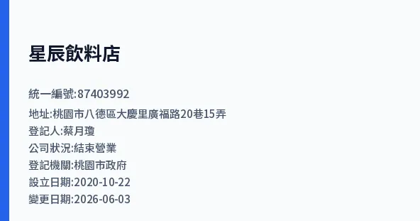 星辰飲料店的照片-統編 87403992(桃園市) 公司登記資料與營業項目詳細圖表