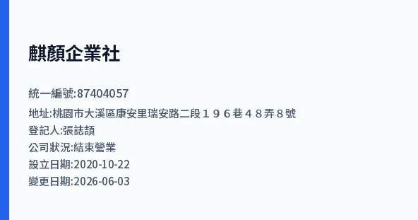 麒顏企業社的照片-統編 87404057(桃園市) 公司登記資料與營業項目詳細圖表