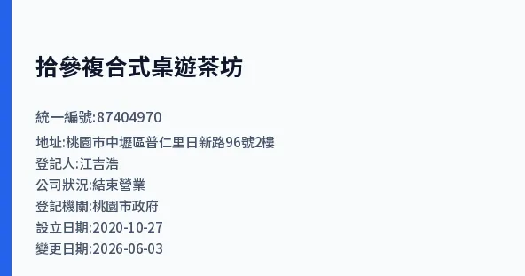 拾參複合式桌遊茶坊的照片-統編 87404970(桃園市) 公司登記資料與營業項目詳細圖表
