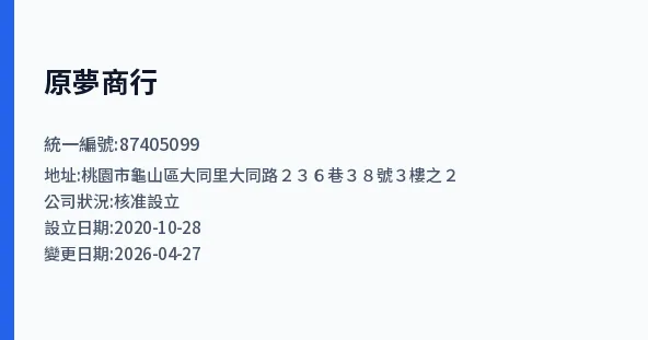 原夢商行的照片-統編 87405099(桃園市) 公司登記資料與營業項目詳細圖表