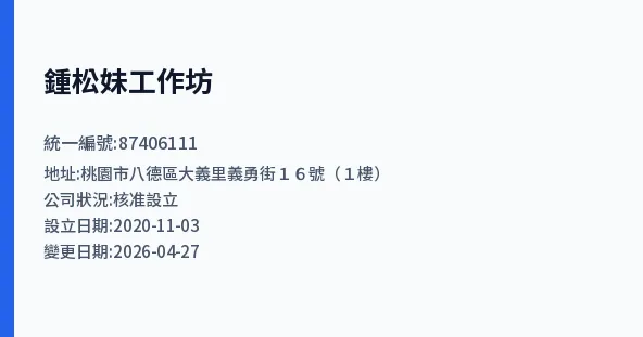 鍾松妹工作坊的照片-統編 87406111(桃園市) 公司登記資料與營業項目詳細圖表