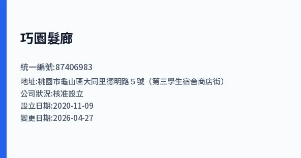 巧園髮廊的照片-統編 87406983(桃園市) 公司登記資料與營業項目詳細圖表