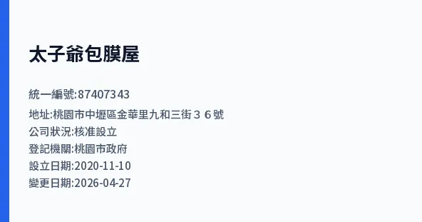太子爺包膜屋的照片-統編 87407343(桃園市) 公司登記資料與營業項目詳細圖表