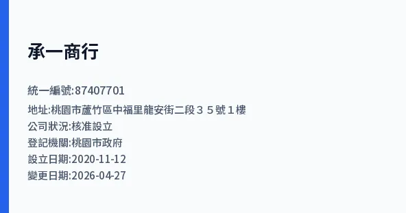 承一商行的照片-統編 87407701(桃園市) 公司登記資料與營業項目詳細圖表