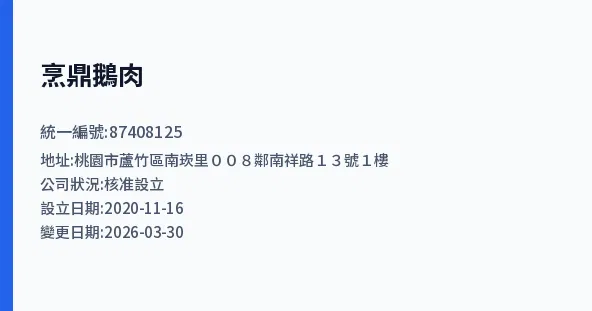 烹鼎鵝肉的照片-統編 87408125(桃園市) 公司登記資料與營業項目詳細圖表