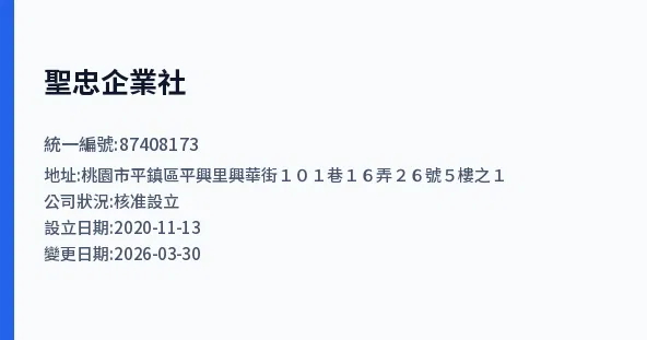 聖忠企業社的照片-統編 87408173(桃園市) 公司登記資料與營業項目詳細圖表