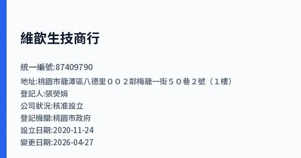 維歆生技商行的照片-統編 87409790(桃園市) 公司登記資料與營業項目詳細圖表