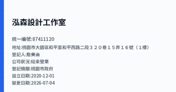 泓森設計工作室的照片-統編 87411120(桃園市) 公司登記資料與營業項目詳細圖表