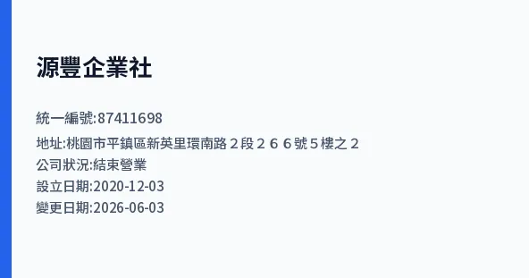 源豐企業社的照片-統編 87411698(桃園市) 公司登記資料與營業項目詳細圖表
