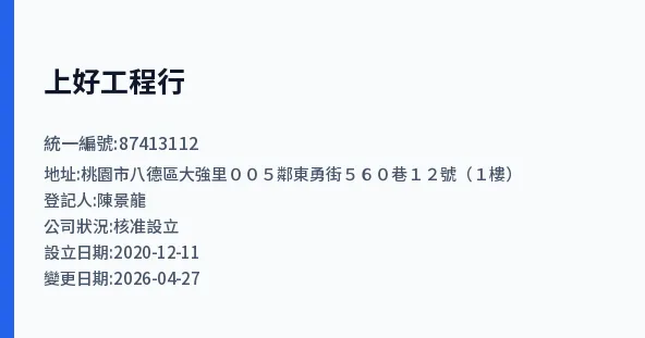 上好工程行的照片-統編 87413112(桃園市) 公司登記資料與營業項目詳細圖表