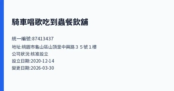 騎車唱歌吃到蟲餐飲舖的照片-統編 87413437(桃園市) 公司登記資料與營業項目詳細圖表