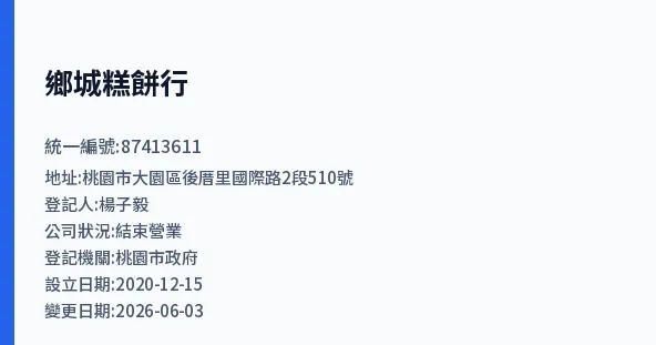 鄉城糕餅行的照片-統編 87413611(桃園市) 公司登記資料與營業項目詳細圖表