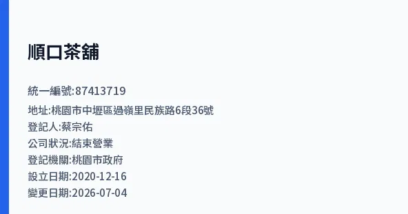 順口茶舖的照片-統編 87413719(桃園市) 公司登記資料與營業項目詳細圖表