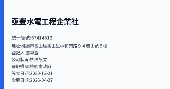 亟豐水電工程企業社的照片-統編 87414512(桃園市) 公司登記資料與營業項目詳細圖表