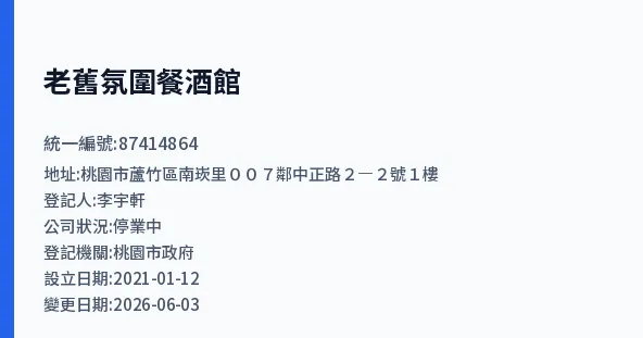 老舊氛圍餐酒館的照片-統編 87414864(桃園市) 公司登記資料與營業項目詳細圖表