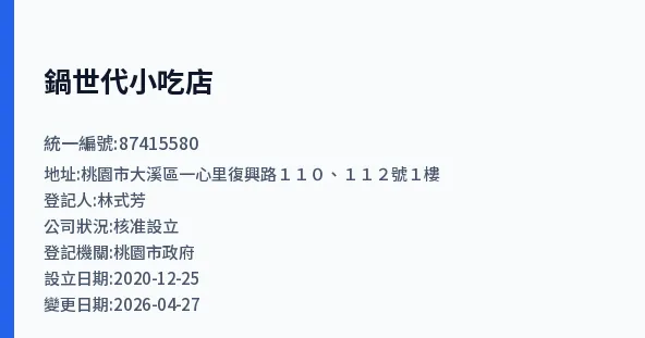 鍋世代小吃店的照片-統編 87415580(桃園市) 公司登記資料與營業項目詳細圖表