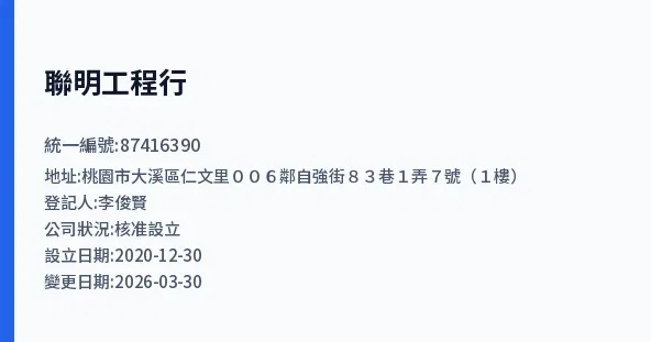 聯明工程行的照片-統編 87416390(桃園市) 公司登記資料與營業項目詳細圖表