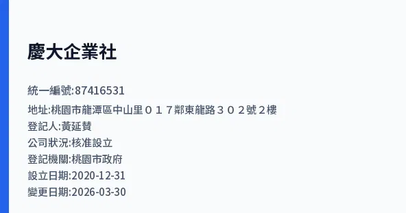 慶大企業社的照片-統編 87416531(桃園市) 公司登記資料與營業項目詳細圖表