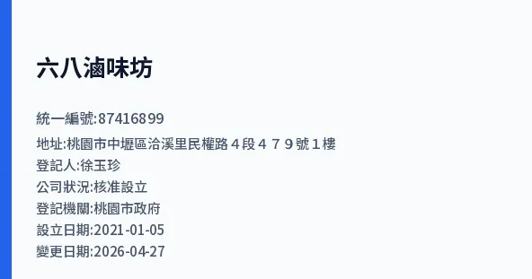 六八滷味坊的照片-統編 87416899(桃園市) 公司登記資料與營業項目詳細圖表