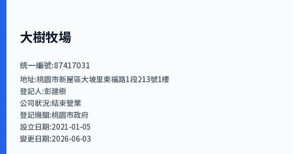 大樹牧場的照片-統編 87417031(桃園市) 公司登記資料與營業項目詳細圖表