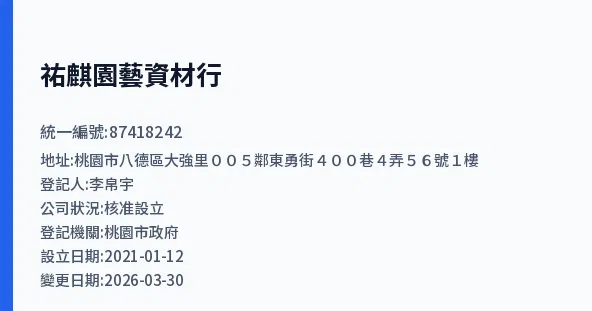 祐麒園藝資材行的照片-統編 87418242(桃園市) 公司登記資料與營業項目詳細圖表