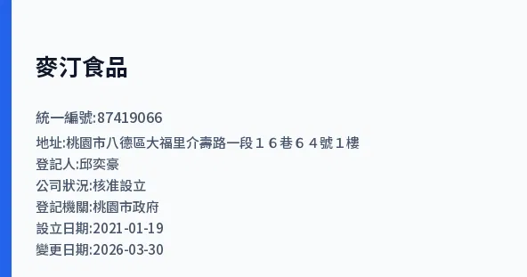 麥汀食品的照片-統編 87419066(桃園市) 公司登記資料與營業項目詳細圖表