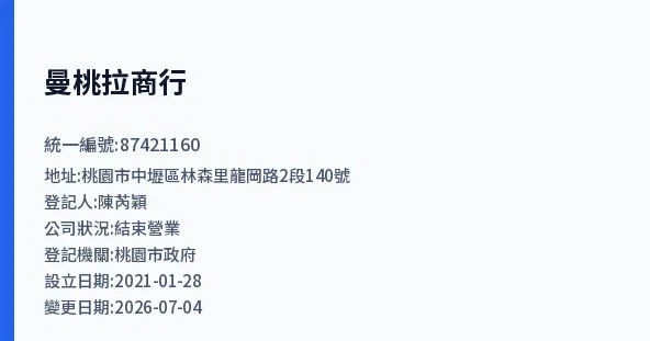 曼桃拉商行的照片-統編 87421160(桃園市) 公司登記資料與營業項目詳細圖表
