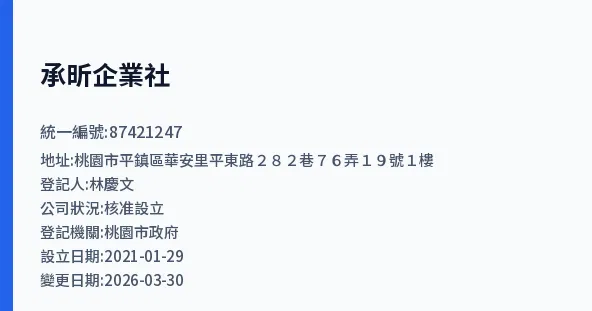 承昕企業社的照片-統編 87421247(桃園市) 公司登記資料與營業項目詳細圖表